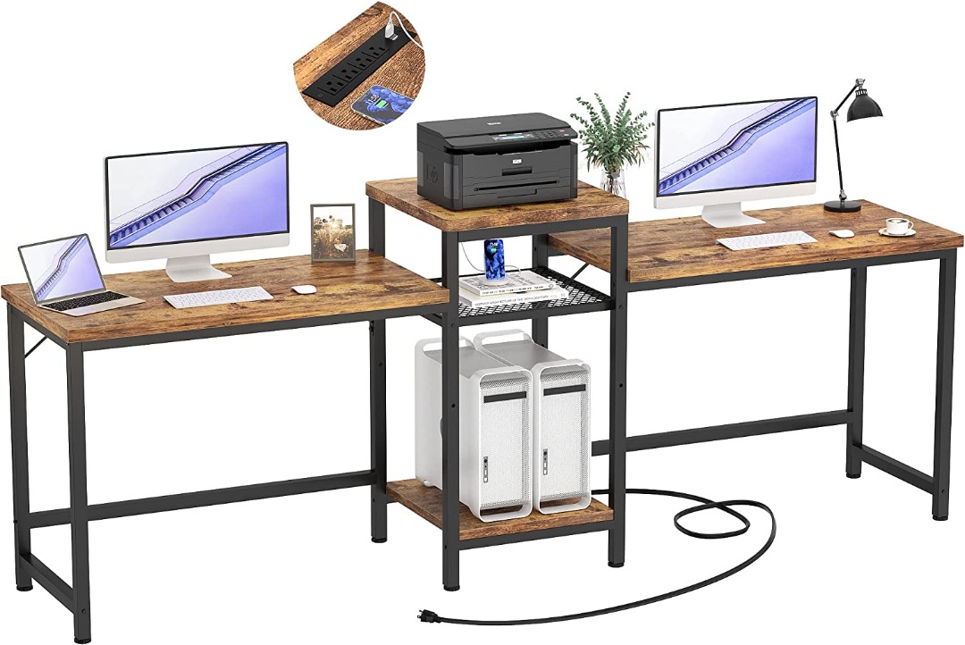 Unikito Double Desk with Power Outlet, 2 Person Desk with Open Storage ...