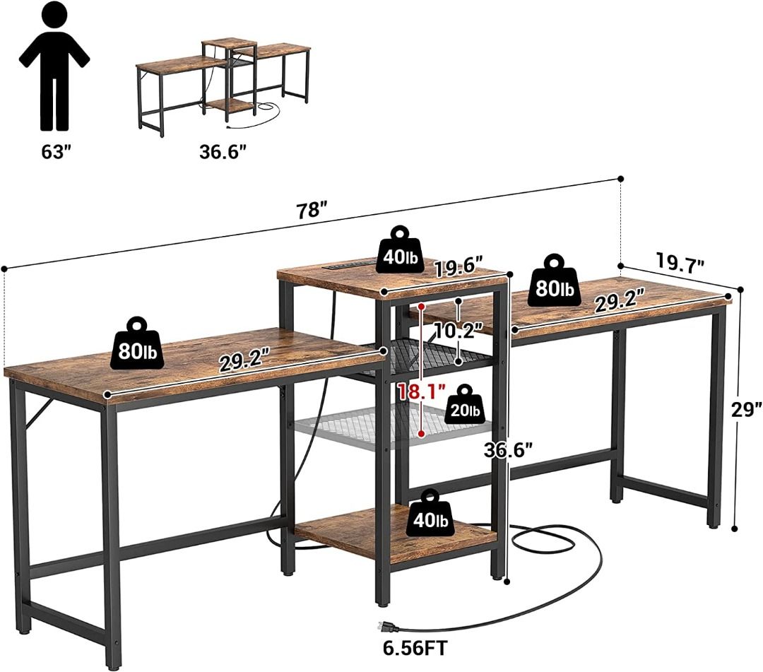 Unikito Double Desk with Power Outlet, 2 Person Desk with Open Storage ...