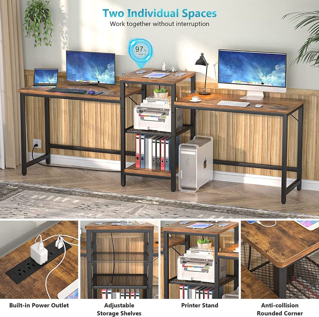 Unikito Double Desk with Power Outlet, 2 Person Desk with Open Storage ...