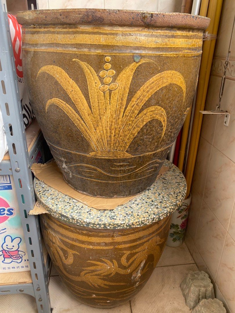 Vintage flower pot (Large) and a round terrazzo slab, Furniture & Home ...