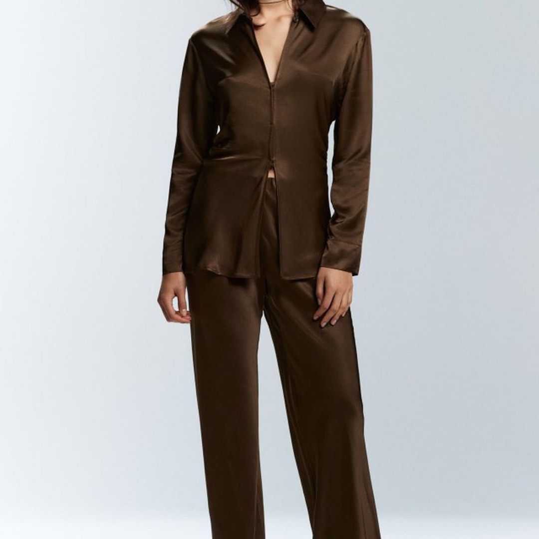Brand New Zara Brown Satin Shirt and Trousers Co-ord Set - XS, Women's ...