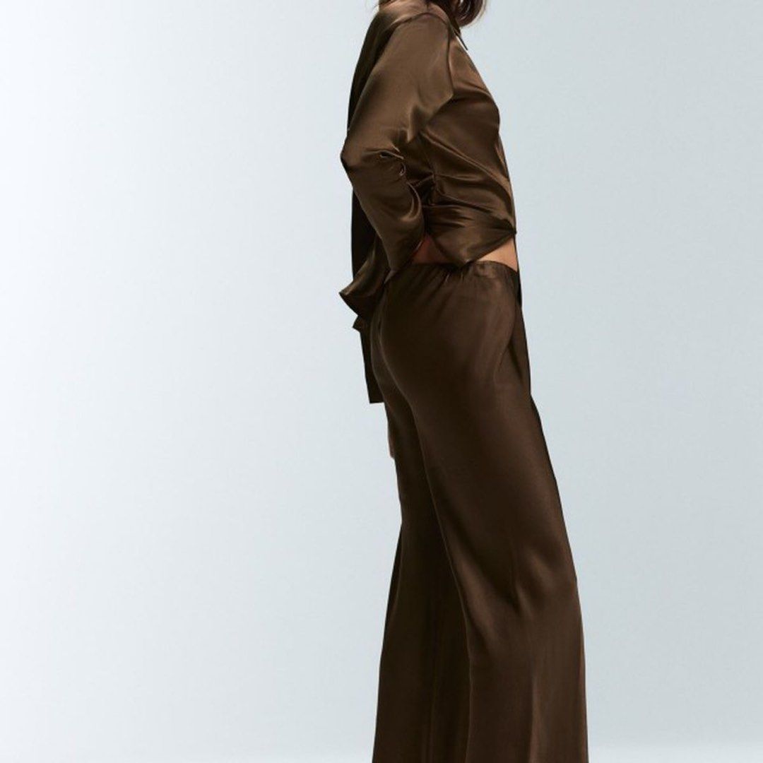 Brand New Zara Brown Satin Shirt and Trousers Co-ord Set - XS, Women's ...