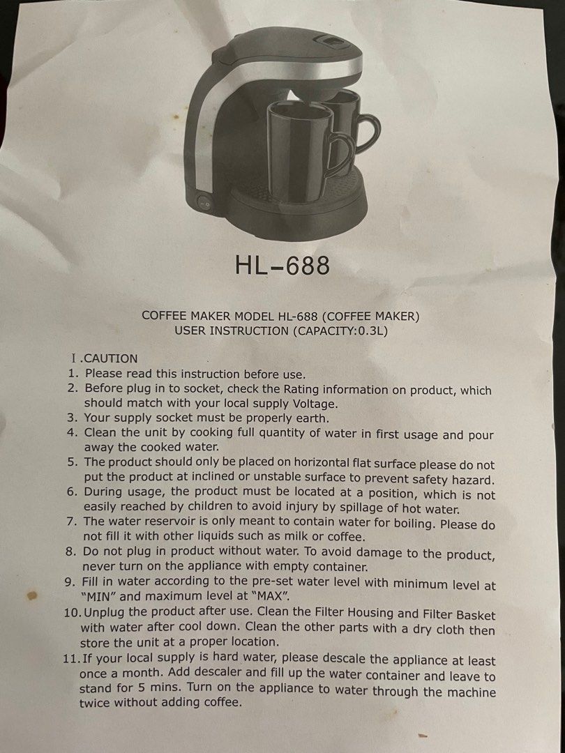 Coffee Maker Model HL-688, TV & Home Appliances, Kitchen Appliances ...