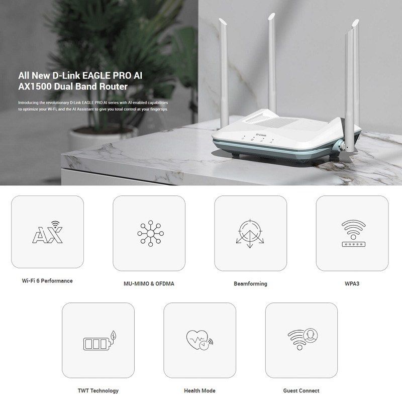 D-Link Wifi 6 Router R15 EAGLE PRO AI AX1500 Dual Band 2.4GHz/5G Router ...