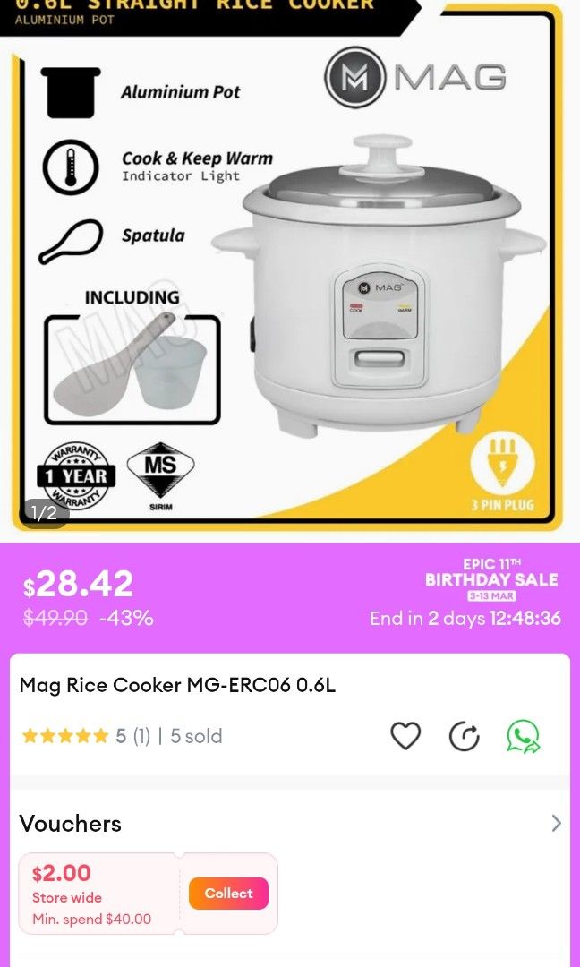 MAG brand 0.6L Rice Cooker, TV & Home Appliances, Kitchen Appliances ...