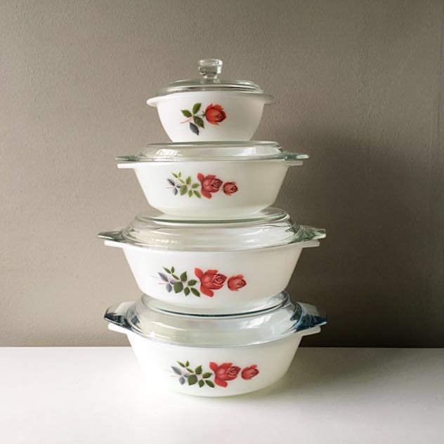 Pyrex JAJ June Rose milk glass casserole nested set with lids ...