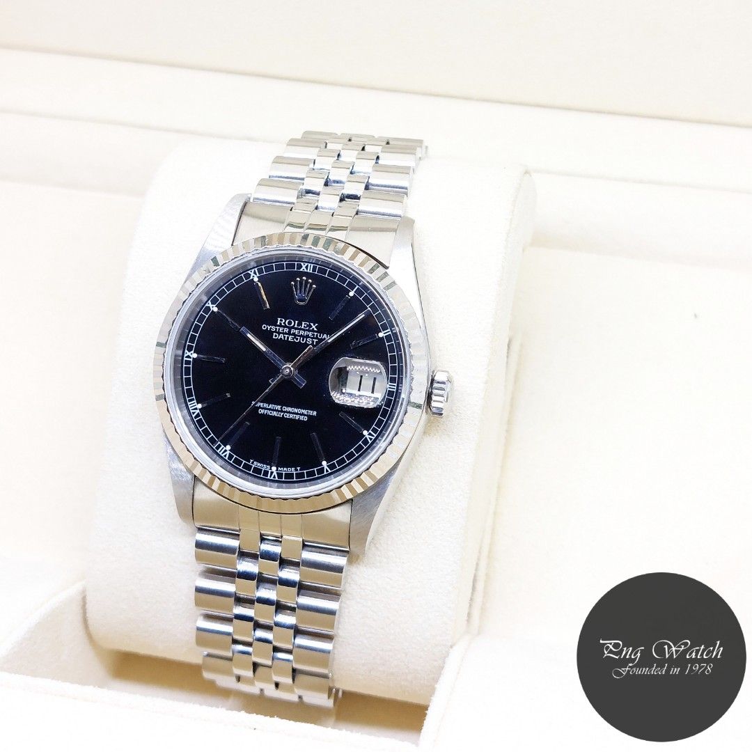 Rolex 36mm Oyster Perpetual Fluted Bezel Black Indexes Dial Datejust ...