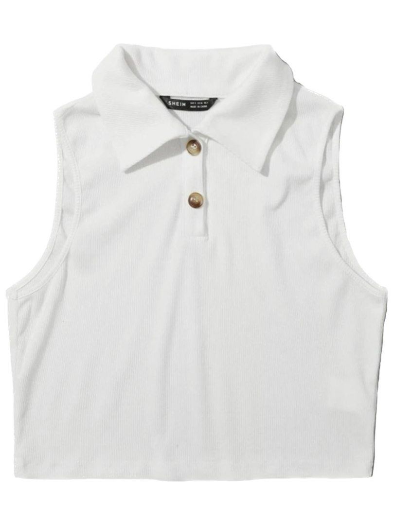 Collared White Tank Top, Women's Fashion, Tops, Sleeveless on Carousell