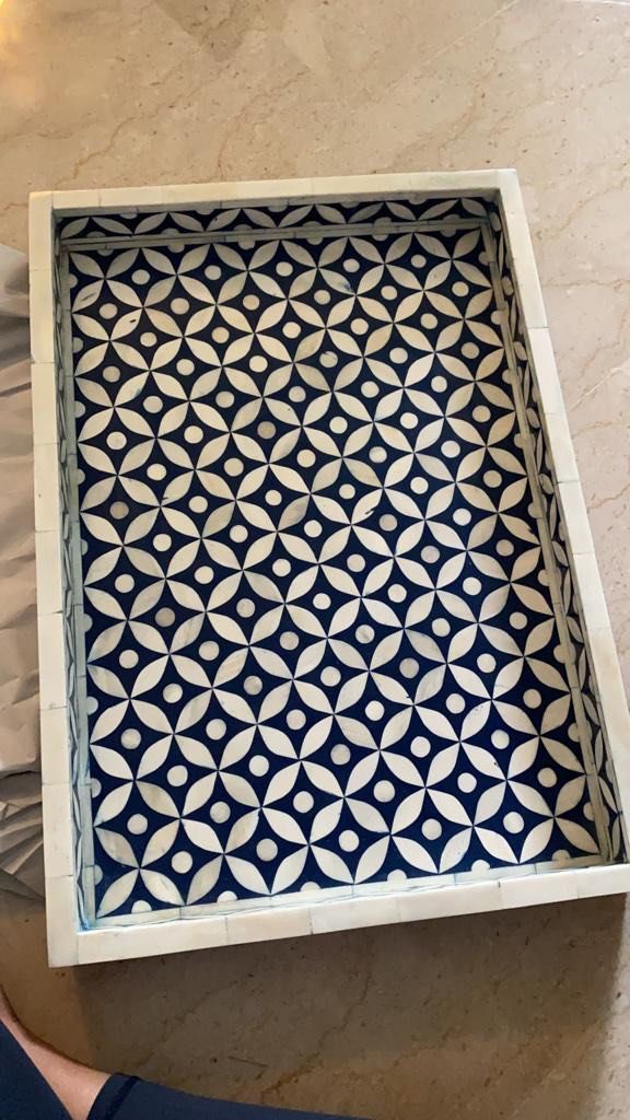 Geometric Boneinlay Rectangle Tray in Navy / Royal Blue, Furniture ...