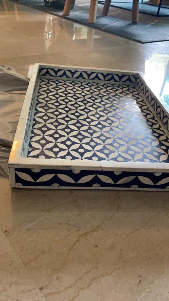 Geometric Boneinlay Rectangle Tray in Navy / Royal Blue, Furniture ...