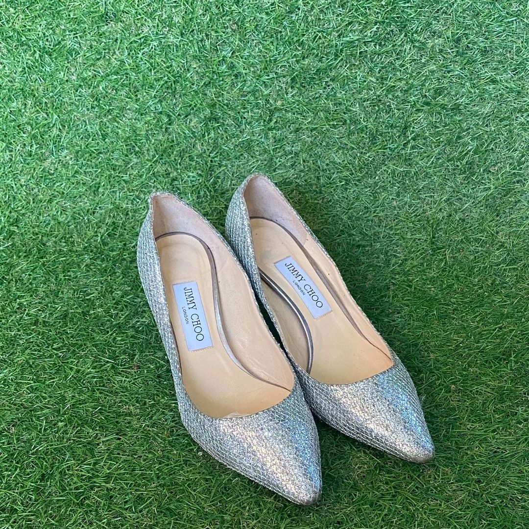 Jimmy Choo Romy 85 Champagne Coarse Glitter Fabric Pointy Toe Pumps ...