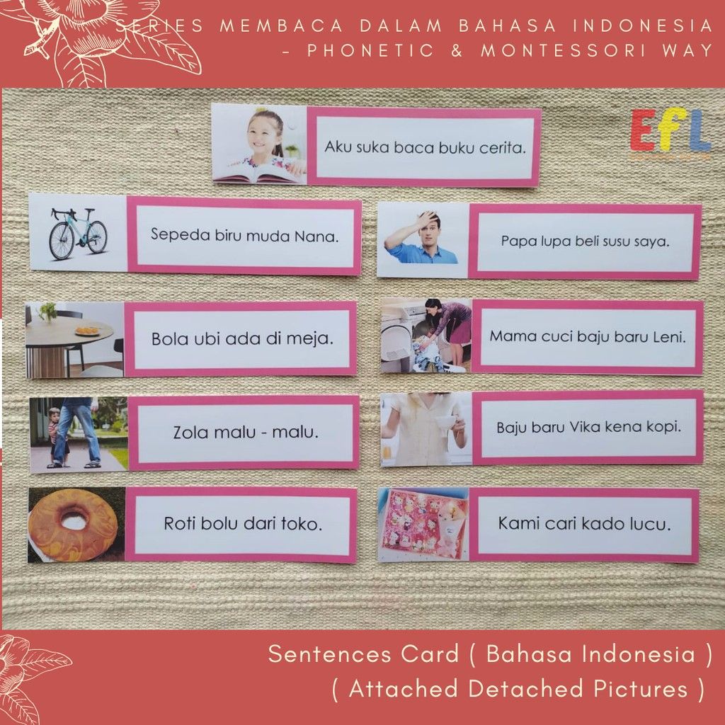 Montessori Pink Series Kartu Belajar Membaca Sentences Cards Attached ...