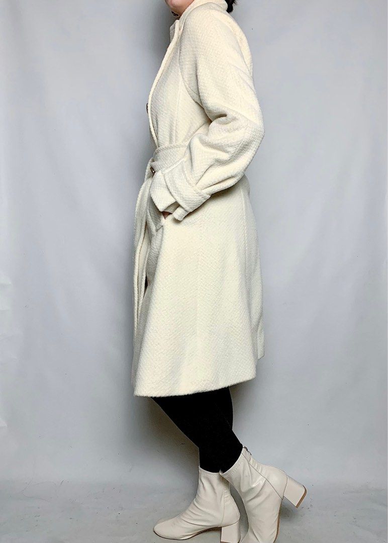 (SOLD) Real wool coat, Cream belted wool coat, Off white wool coat, Fur ...