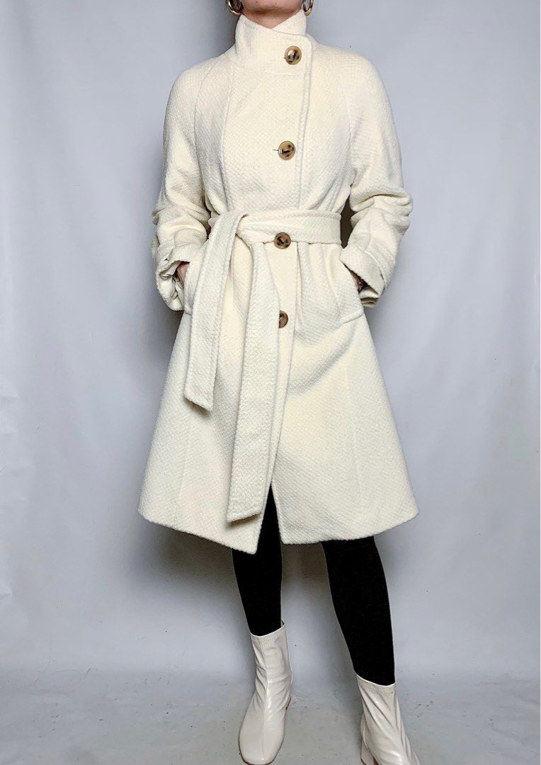 (SOLD) Real wool coat, Cream belted wool coat, Off white wool coat, Fur ...