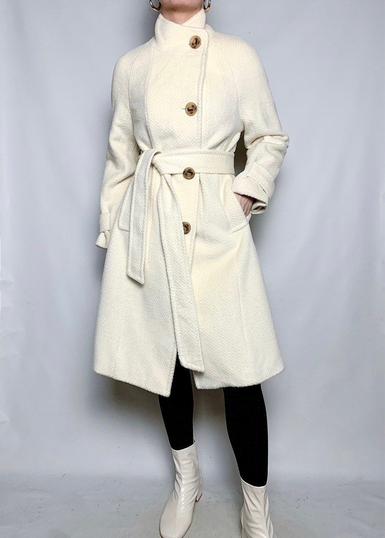 (SOLD) Real wool coat, Cream belted wool coat, Off white wool coat, Fur ...