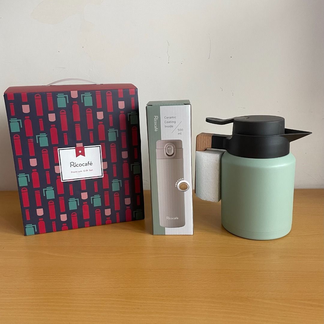 Ricocafe Premium Set 北歐保溫壺+陶瓷塗層彈跳杯500ML 灰綠 真空 不鏽鋼 保溫壺 保溫瓶 全新 #23吃土季, 家具及居家用品, 廚具和餐具, 茶具配件在旋轉拍賣