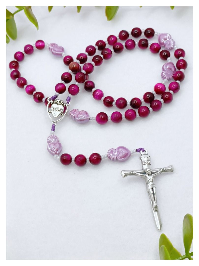 Sacred Heart of Jesus Rosary, Rose Red Tiger Eye, Purple Porcelain ...