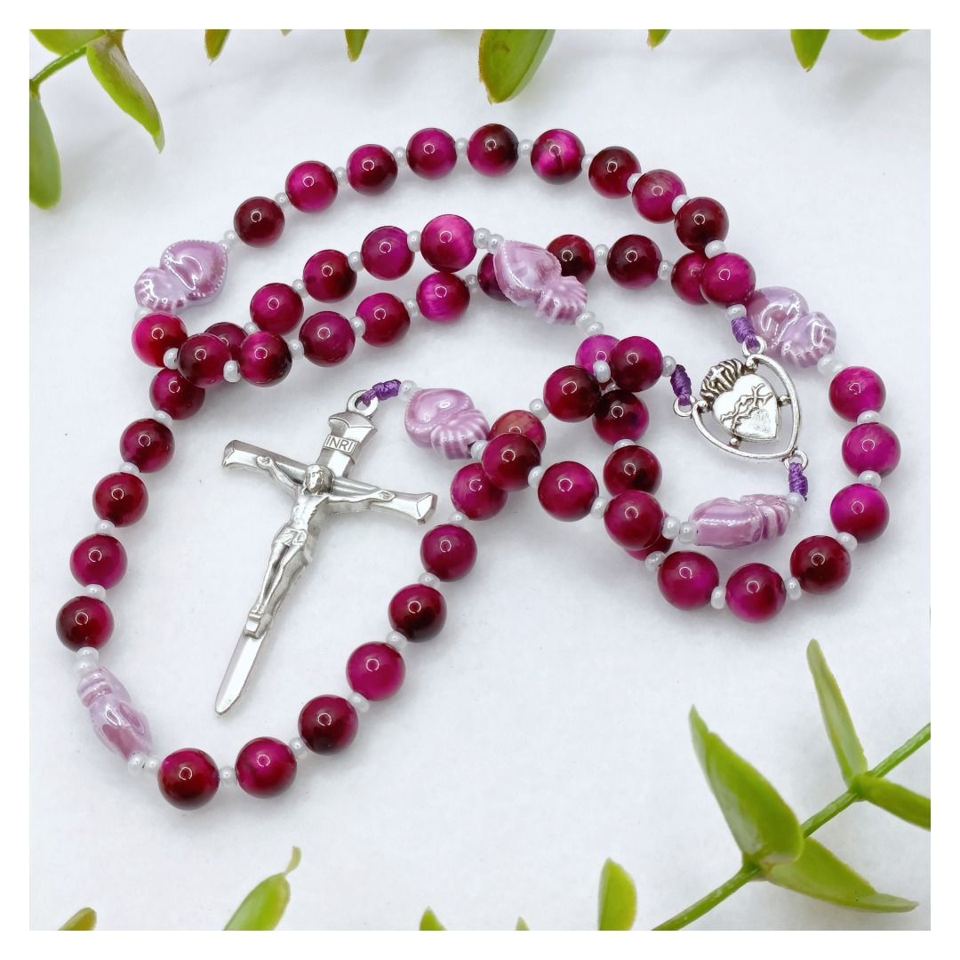 Sacred Heart of Jesus Rosary, Rose Red Tiger Eye, Purple Porcelain ...