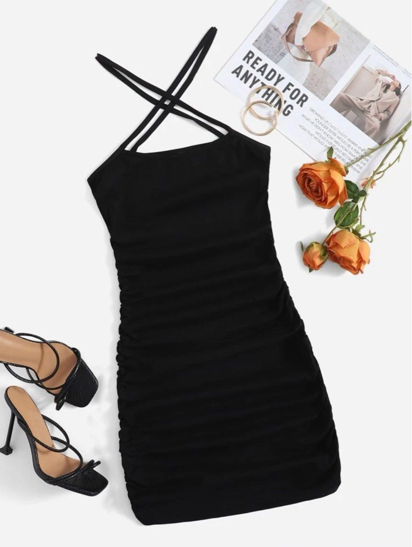 SHEIN EZwear Ruched Detail Cross Halter Dress (S), Women's Fashion ...