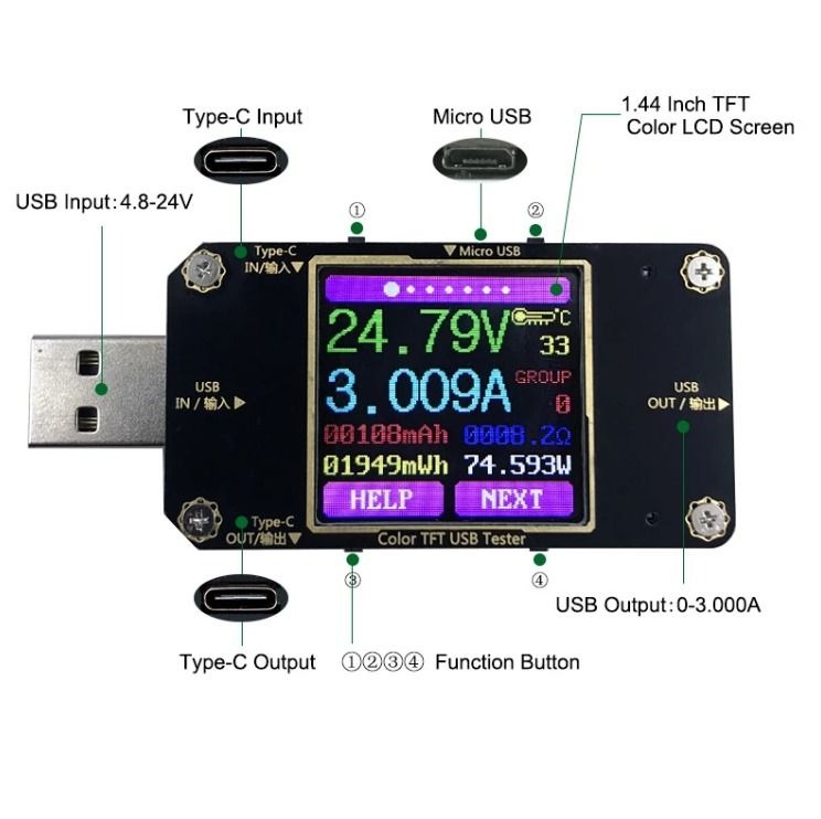 [3654] USB tester Color Bluetooth Type-C Digital voltmeter dc voltage ...