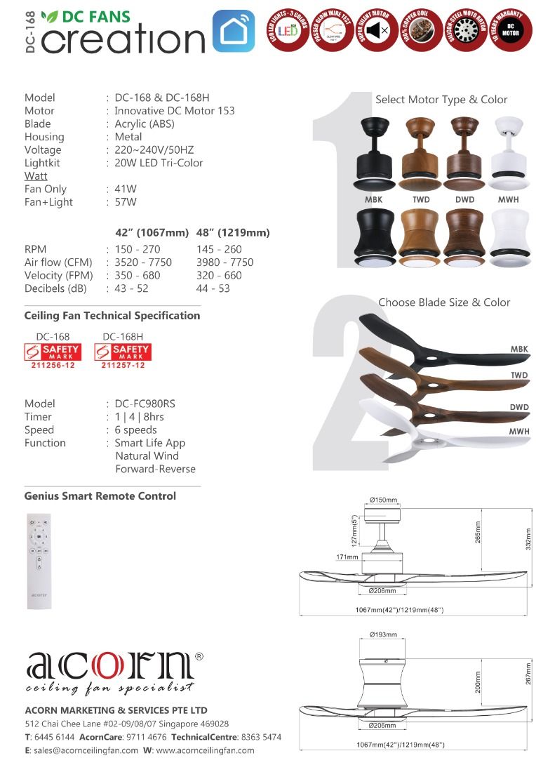 Acorn DC-168H Creation Hugger 42" / 48" Smart Ceiling Fan with Optional 20W Tri-Color Low ...