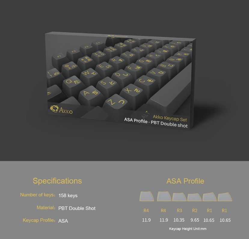 Akko Black & Gold 158-key Full Keycap Set, Double-shot PBT ASA Key Cap ...