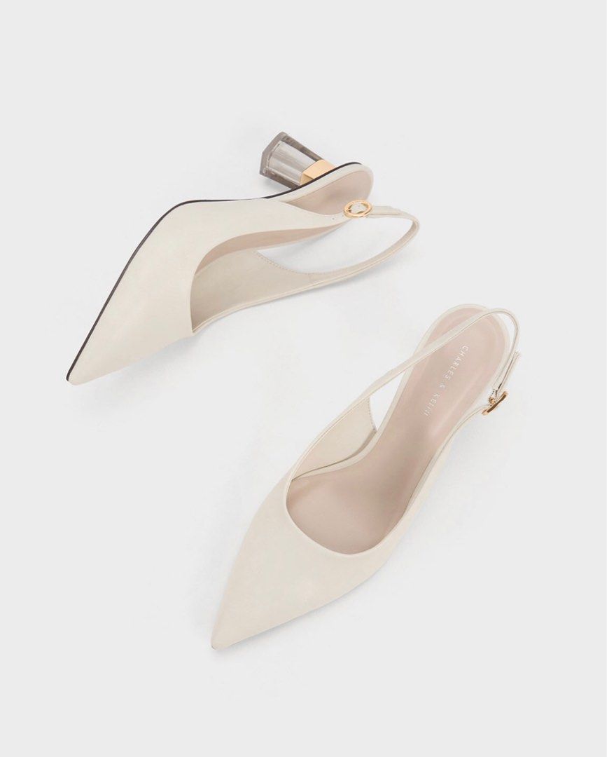 Charles & Keith See-Through Trapeze Heel Slingback Pumps - Chalk, Women ...