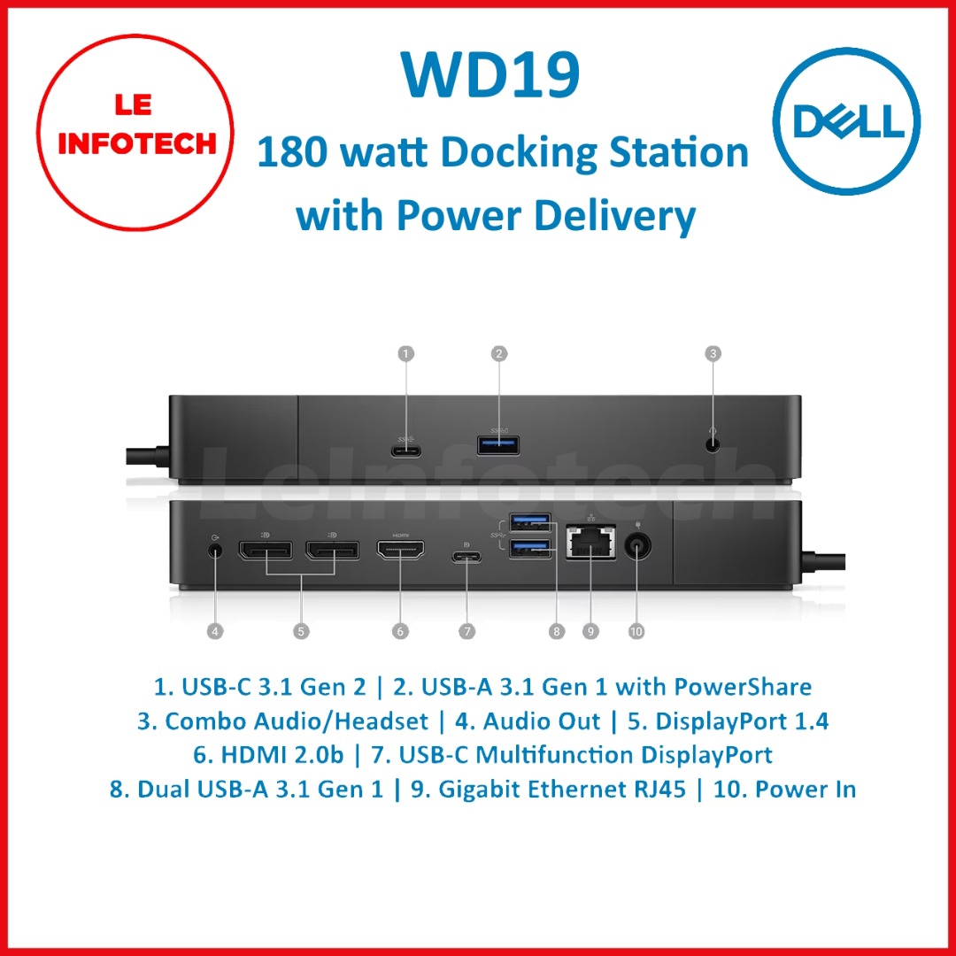 DELL WD19 180 watt Docking Station Power Delivery 4K HDMI DisplayPort ...