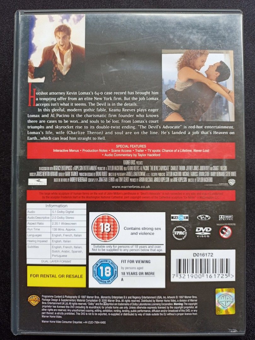 DVD The Devil's Advocate, Hobbies & Toys, Music & Media, CDs & DVDs on Carousell