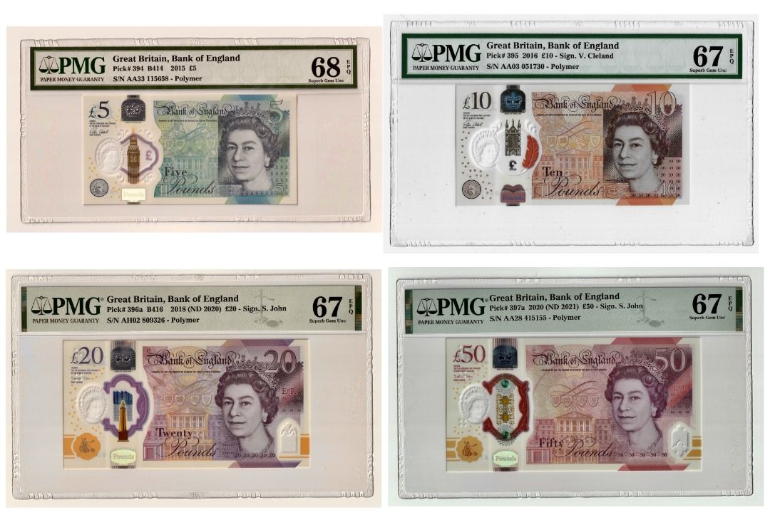 Great Britain Complete Set of First Polymer Notes, 5, 10, 20, 50 Pounds ...
