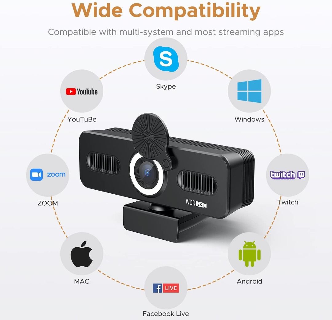 muson 2K QHD Webcam with Adjustable Ring Light & Privacy Cover, Web ...