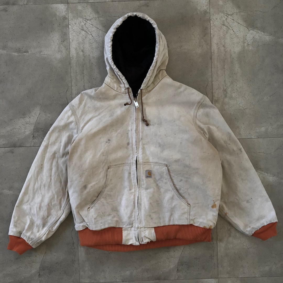 Painted Faded Cream Carhartt Active Hooded Jacket, Men's Fashion, Coats ...
