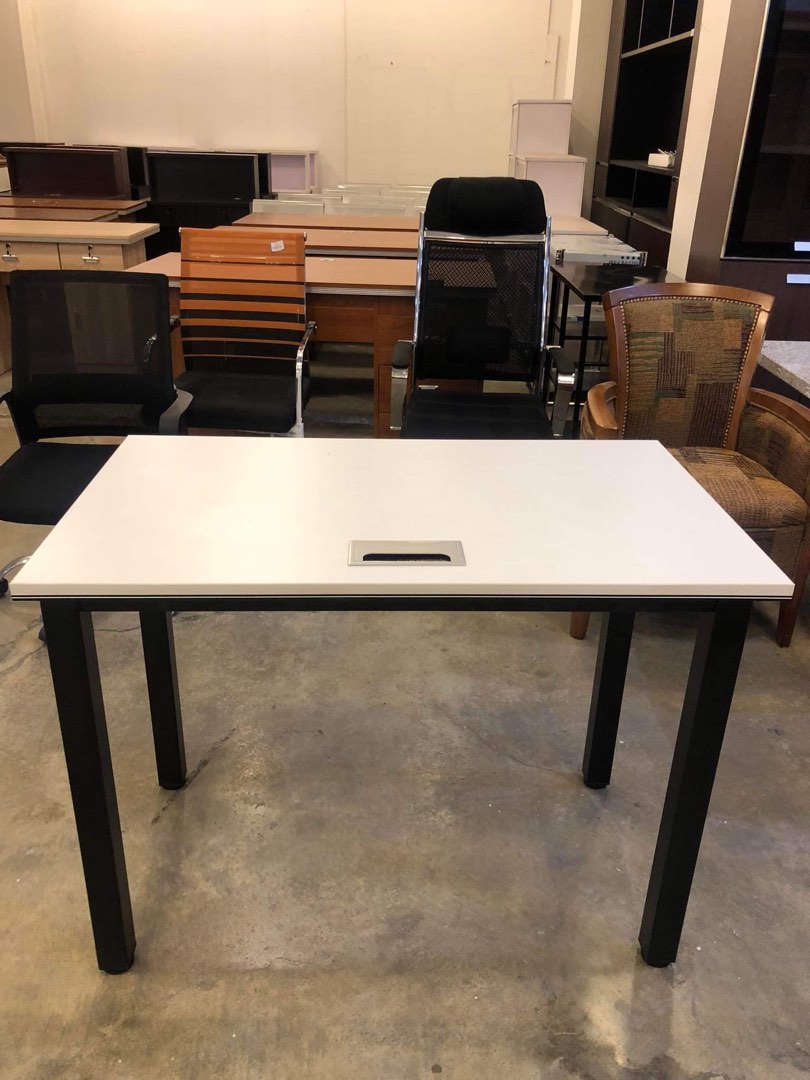 White Solid Wood Office Computer Table with Wire Port Heavy Duty on ...