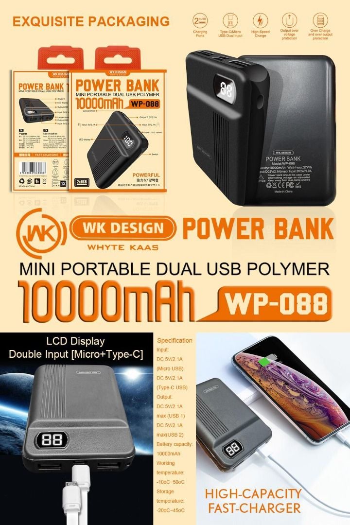 WK DESIGN (Model: WP-088) Mini 10000mAh Power Bank Black, Mobile Phones ...