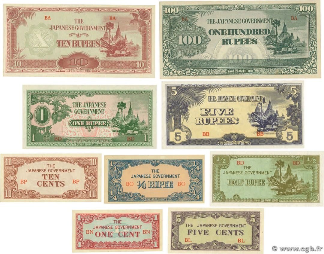 [WNH Notes] Burma Asia Japanese Occ. World War 2 Currency Banknotes 1/2 ...