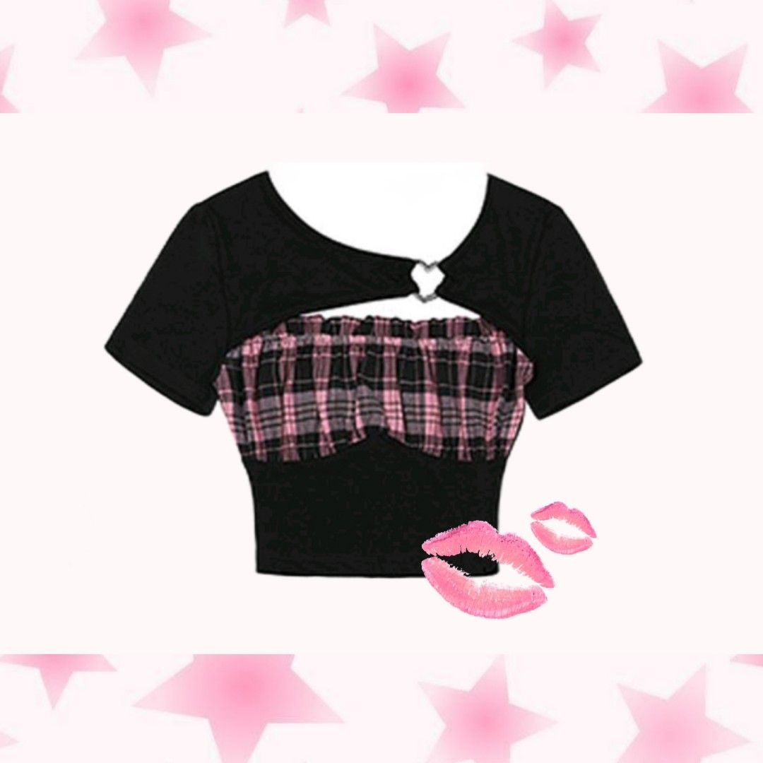 kpop coquette plaid heart tube crop top >,