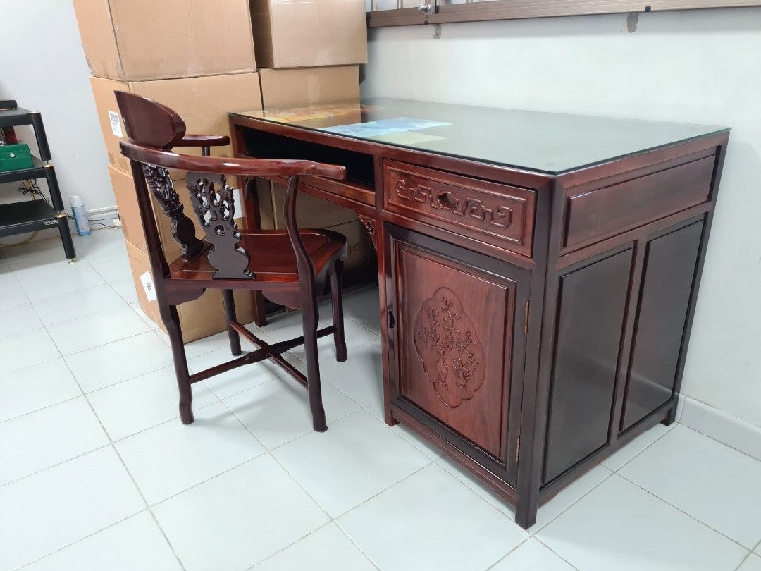 Mahogany Wood Study Table and Chair (Vintage Chinese Style), Furniture ...