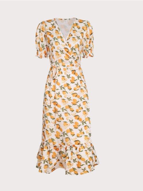 Orange Fruit Print Wrap Midi Dress, Women's Fashion, Dresses & Sets ...