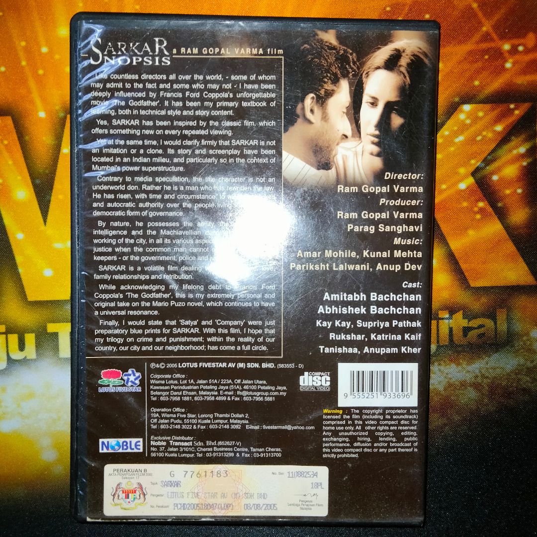 SARKAR ORIGINAL VCD Amitabh Bachchan Abhishek Bachchan Ram Gopal Varma, Hobbies & Toys, Music ...