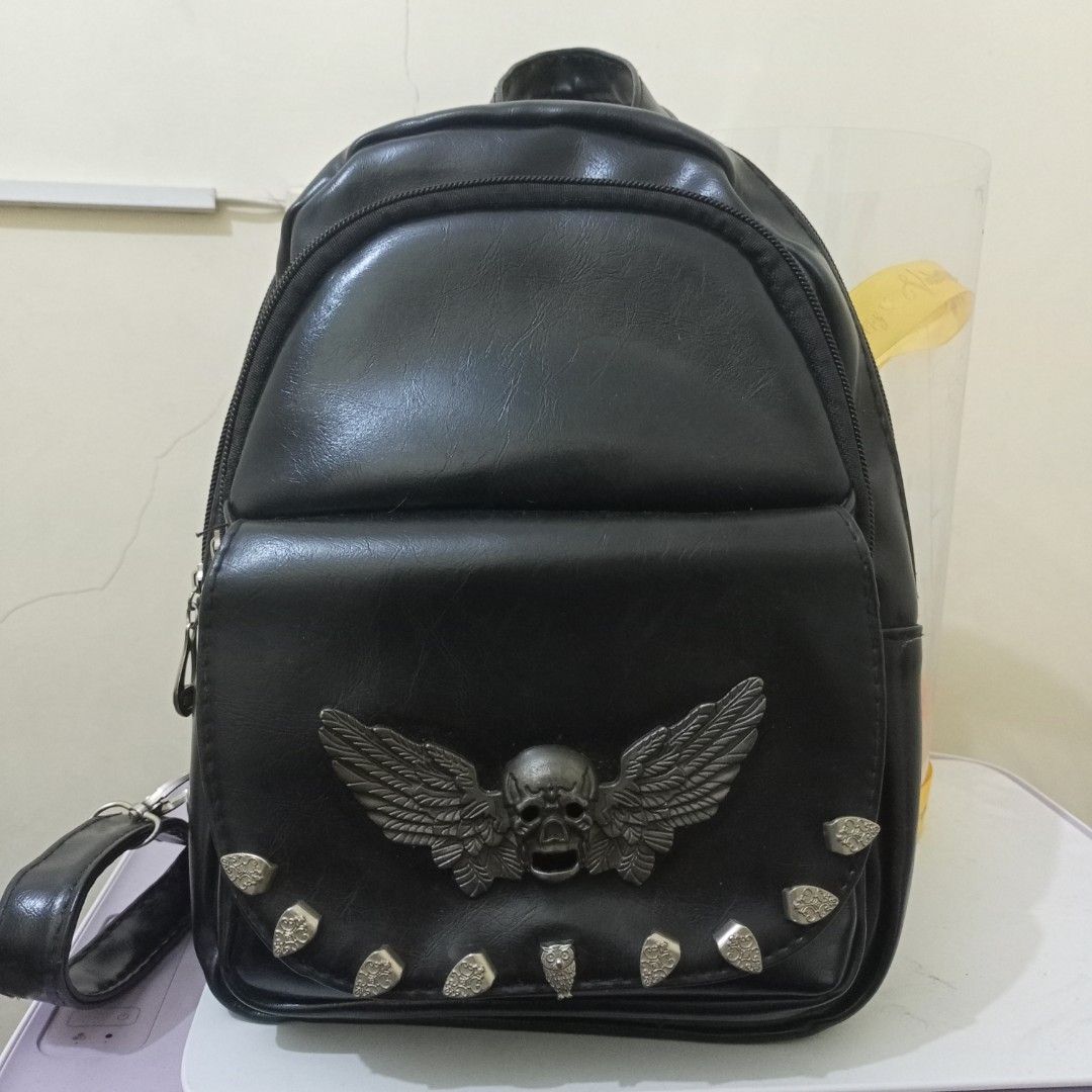 SKULL BLACK LEATHER BACKPACK BAGPACK BODYBAG PUNK GOTH EMO SCENE ANGEL ...