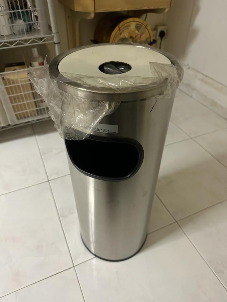 Stainless Steel Standing Garbage Waste Bin w/ Ashtray, Furniture & Home ...