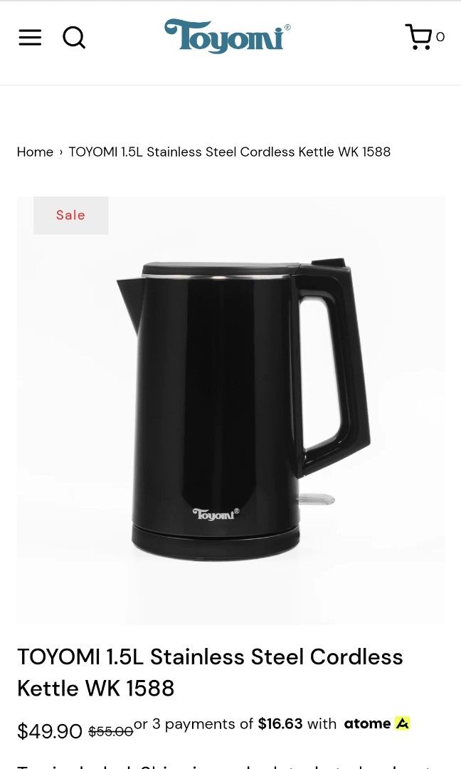 TOYOMI 1.5L Stainless Steel Cordless Kettle WK 1588, TV & Home Appliances, Kitchen Appliances ...