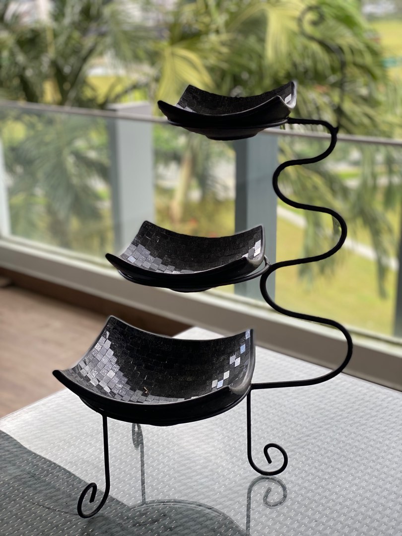 3 tier Balinese display plates on metal stand, Furniture & Home Living ...