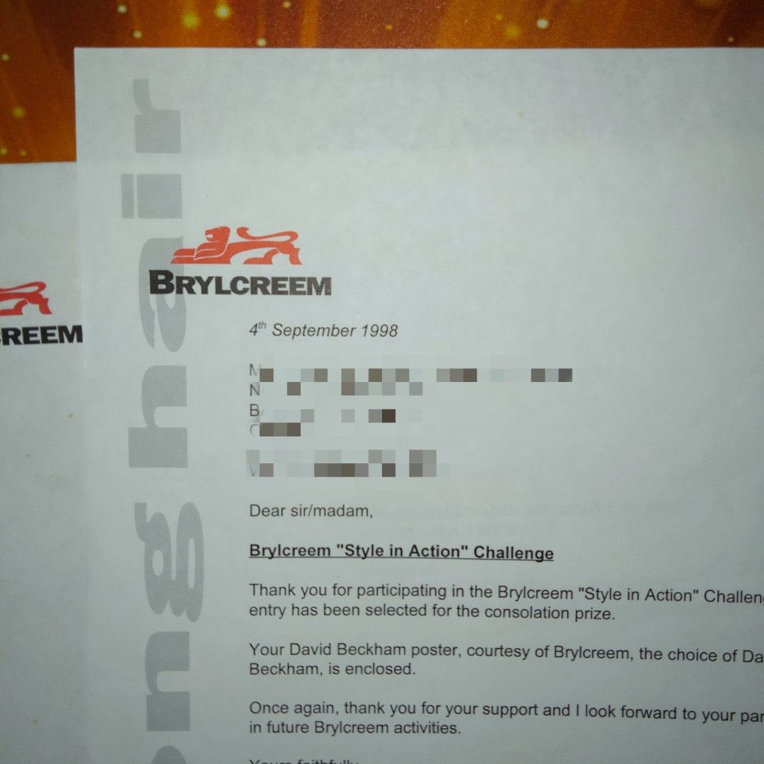 BRYLCREEM DAVID BECKAM POSTER 1998, Sports Equipment, Other Sports ...