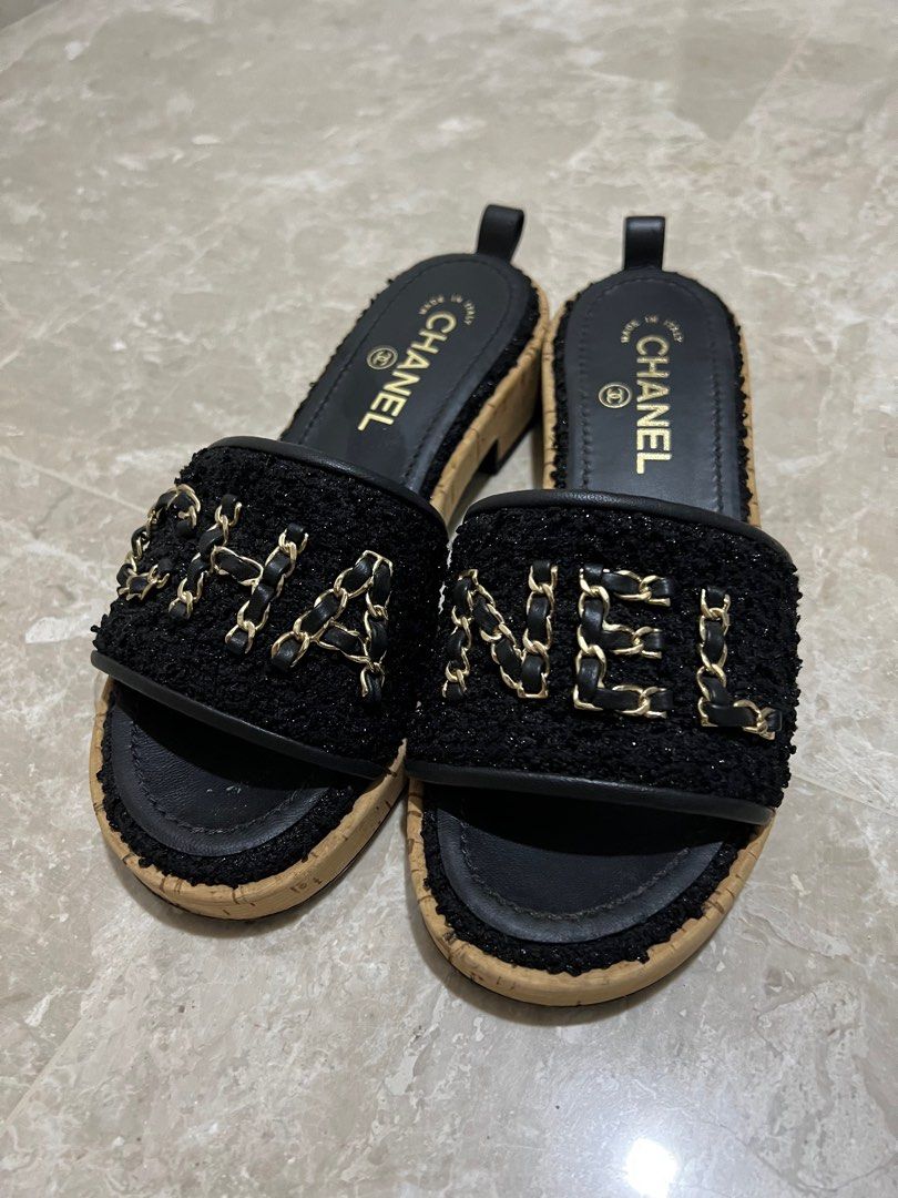 CHANEL tweed mules, Women's Fashion, Footwear, Flipflops and Slides on ...