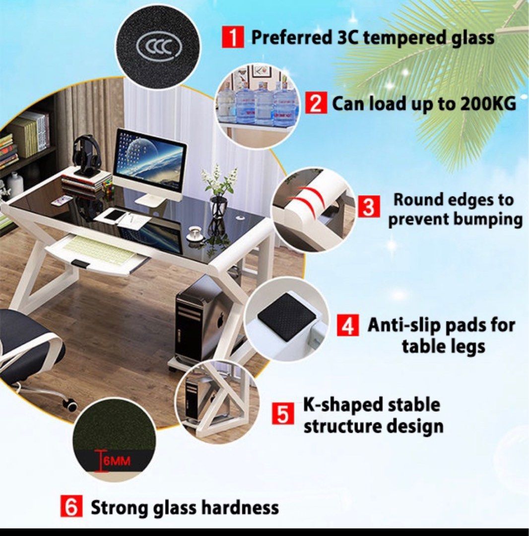 Computer Table (Tempered Glass), Furniture & Home Living, Furniture ...