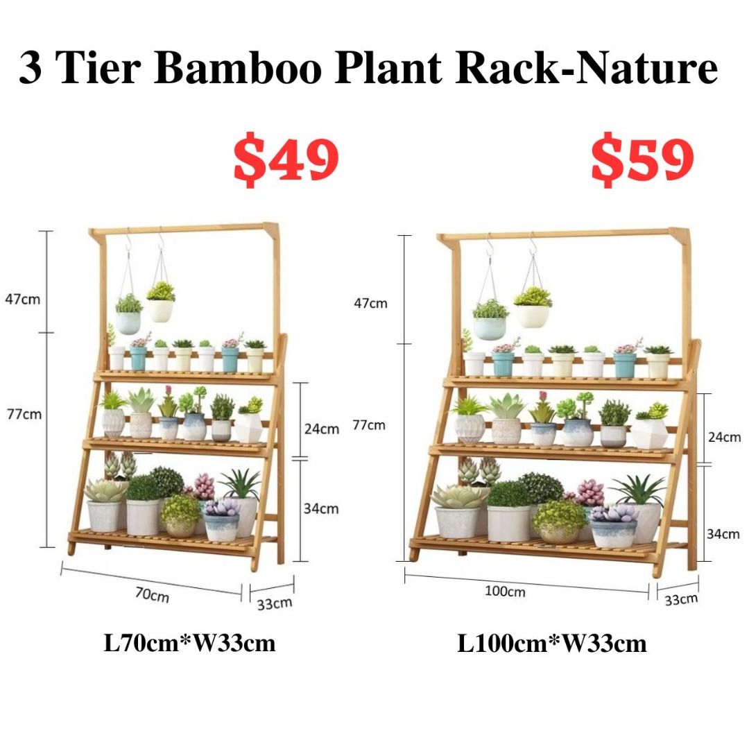 Plant Rack Flower 3 Tier Bamboo Hanging Plant Shelf Foldable 3 Tier ...
