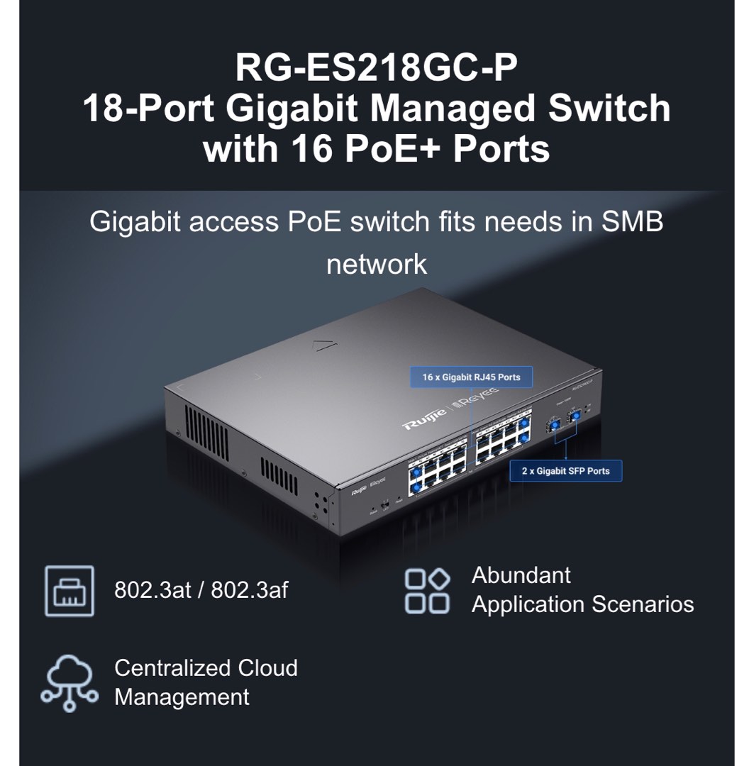 16 + 2 Port Ruijie REYEE Full Gigabit 16 Port PoE Switch with 2 Uplinks•RG-ES218GC-P, 18 Port ...