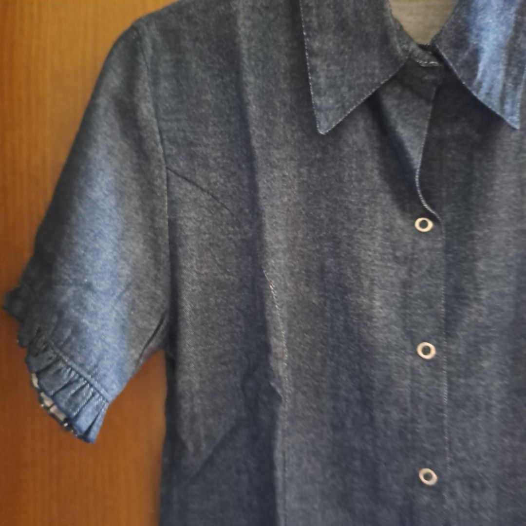 Set Navy Denim atas bawah kemeja kerah rok bahan adem light kerja casual office no zara ...