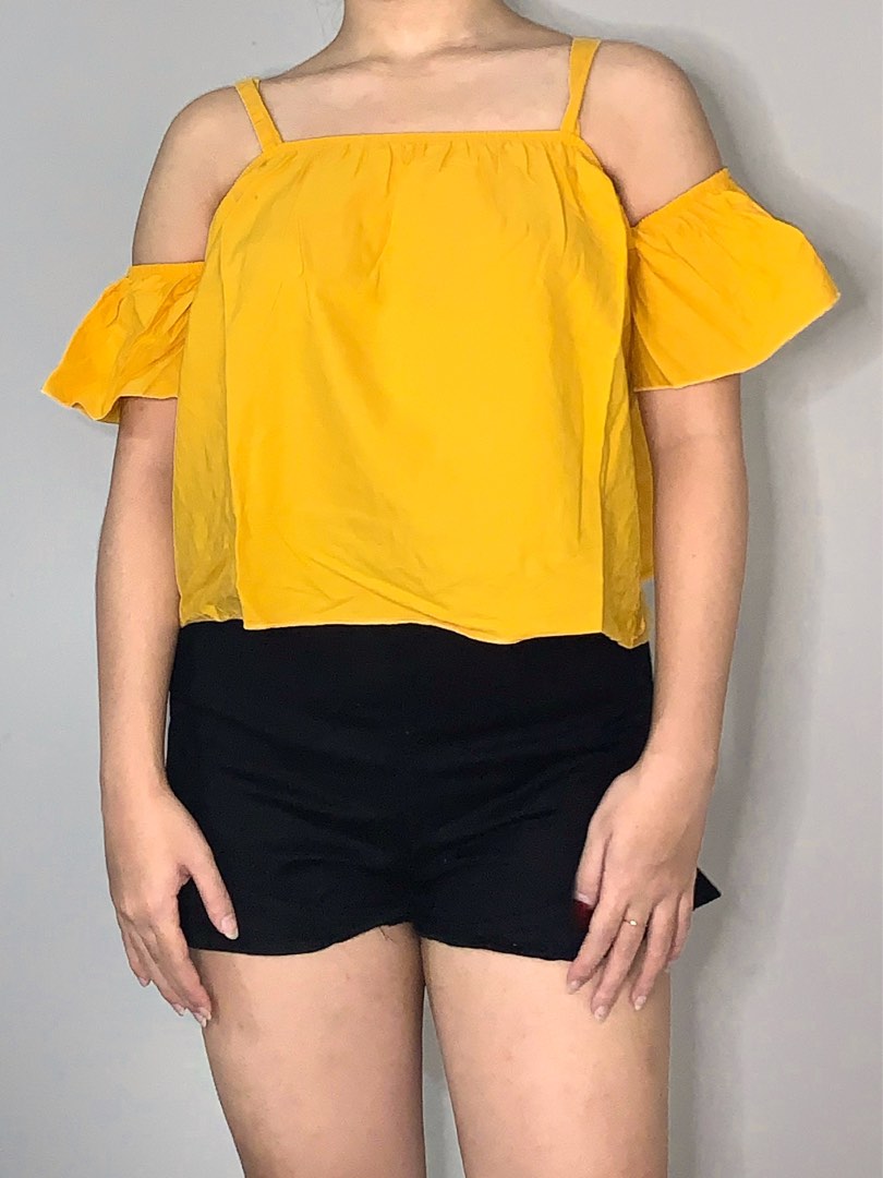 ZARA Yellow Sabrina, Fesyen Wanita, Pakaian Wanita, Atasan di Carousell